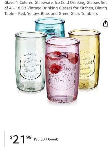 Glavers Colored Glassware Ice Cold Drinking Glasses Set Of 4 18 Oz Vintage Drinking Glasses