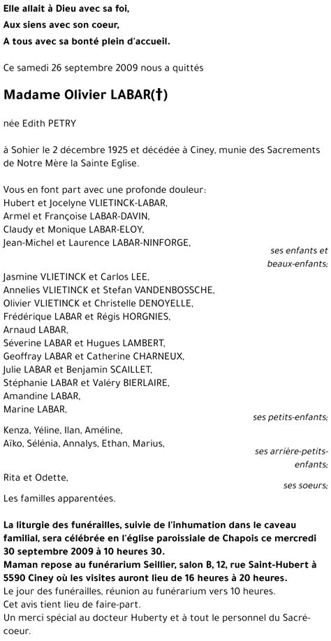 Avis De Décès De Olivier Labar Décédé Le 26 09 2009 à Ciney Annonce Condoléances Fleurs