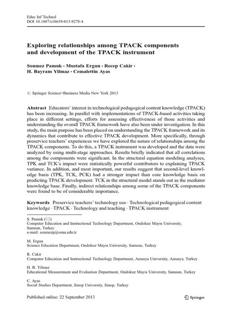 Exploring Relationship Among Tpack Components And Development Of The Tpack Instrument Pdf Pdf