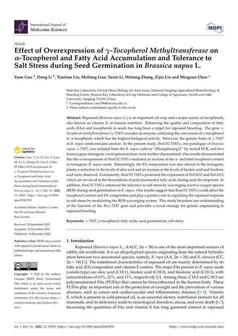 Pdf Effect Of Overexpression Of γ Tocopherol Methyltransferase On α