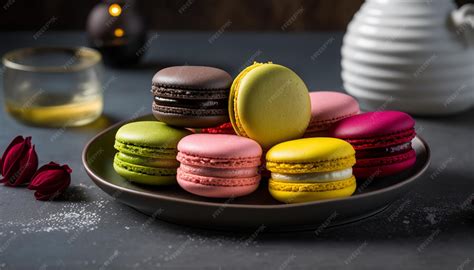 Premium Photo Side View Delicious French Macarons With Coffee On Dark