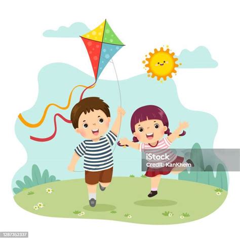 一個小男孩和女孩放風箏的向量插圖卡通兄弟姐妹一起玩向量圖形及更多男孩圖片 男孩 友誼 享受 Istock