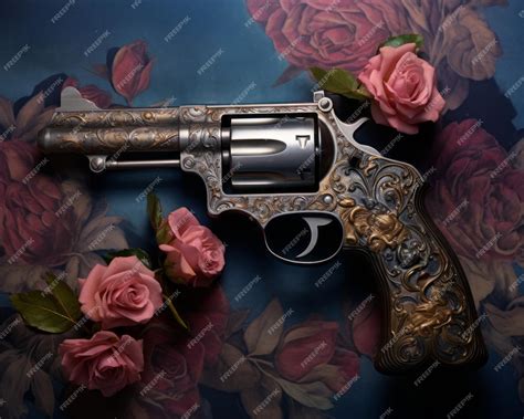 Premium Photo A Revolver And Roses On A Blue Background