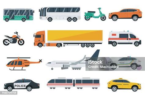 전송은 평면 디자인의 그래픽 요소를 설정합니다 버스 오토바이 자동차 오토바이 트럭 구급차 헬리콥터 비행기 경찰 기차 및 기타의 번들 벡터 그림 격리 된 개체 버스에 대한