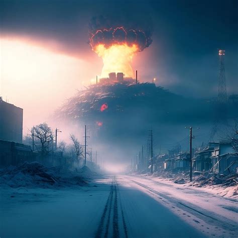 A Dark Winter Landscape With A Nuclear Explosion In The Sky