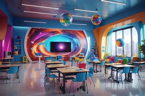 Premium Ai Image A Classroom Of The Future With A Vibrant Colorful Atmosphere And A Variety Of