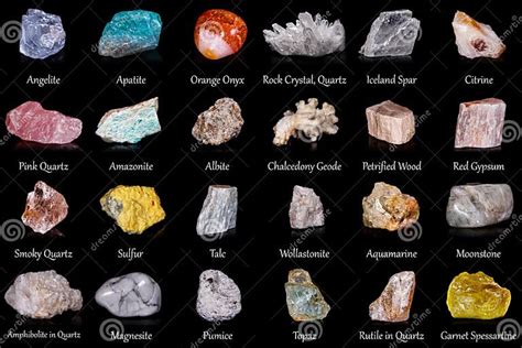 Beautiful Collection Of Geological Minerals On A Black Background Stock