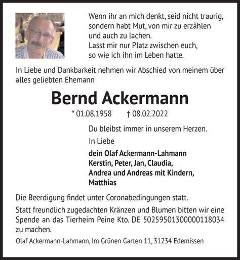 Traueranzeigen Von Bernd Ackermann Trauer Anzeigende