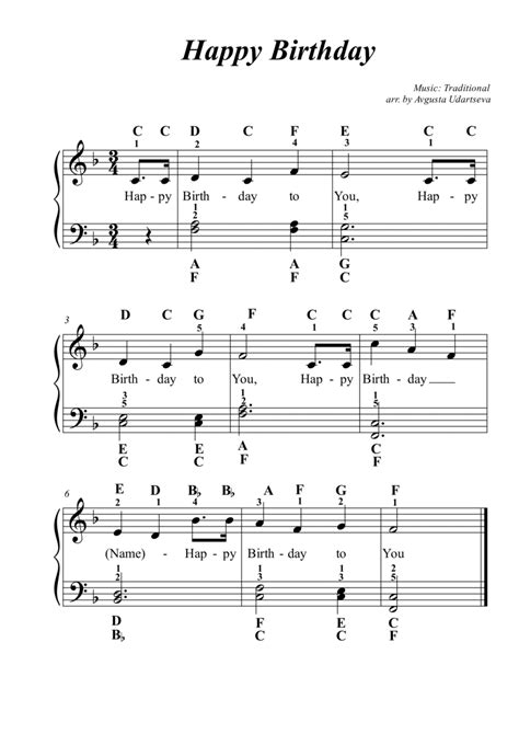 Happy Birthday Treble And Bass Clef With Letters Guitar Piano Voice