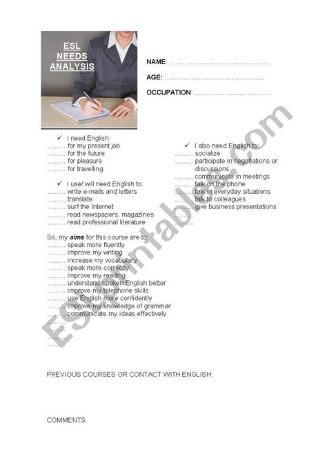 Needs Analysis Esl Worksheet By Kindlei