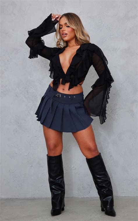 Charcoal Woven Low Rise Pleated Micro Mini Skirt Bottoms