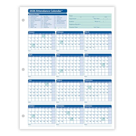 2026 Attendance Sheets Calendar 2025
