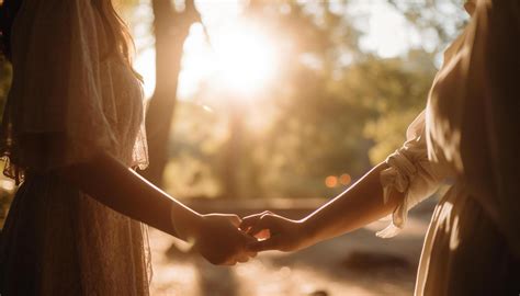 Heterosexual Couple Holding Hands Enjoying Nature Sunset Generated By