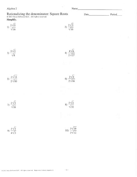 Algebra 2 Rationalizing The Denominator Square Roots C — Db