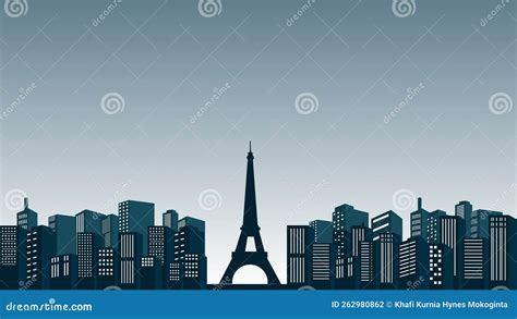 City Silhouette At Night With Beautiful Eiffel Tower View Stock Vector