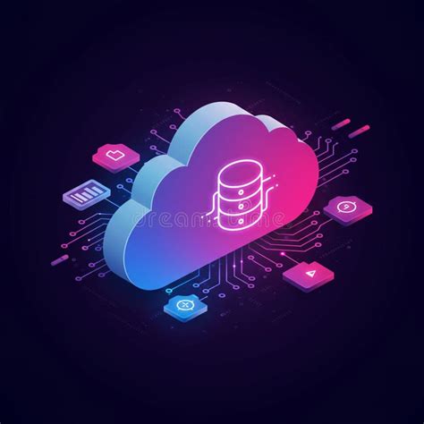 Cloud Computing Illustration Showing A Stylized Cloud With A Neon Database Icon Stock