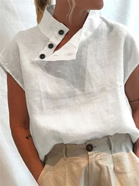 Solid Color Stand Collar Cap Sleeve Shirts Casual Stand Collar Top