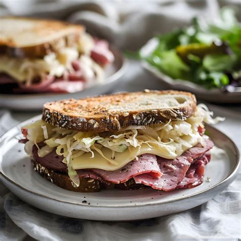Delicious Reuben Sandwich With Sauerkraut And Melted Cheese Stock