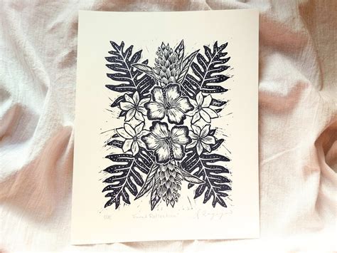 Tropical Flowers Linocut Art Print Hawaii Art Made On Maui Hibiscus