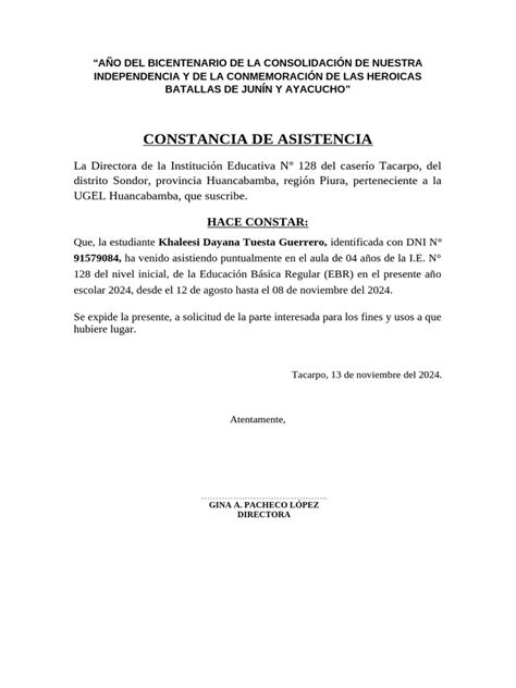 Constancia De Asistencia Escolar 2024 Pdf