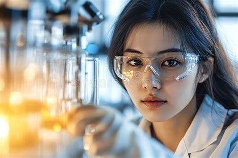 Young Female Scientist Carefully Examining Liquid In Beaker In