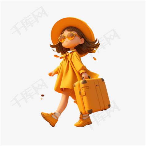 春天拖着行李箱旅游的女孩3d形象素材图片免费下载 千库网