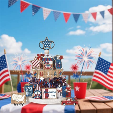 15 Pcs 4th Of July Tiered Tray Decorations Set Wood Patriotic Tiered