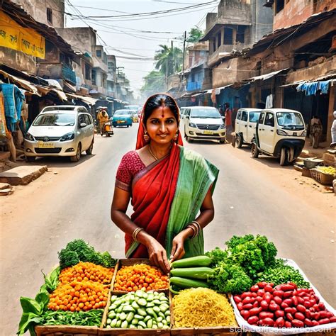 Create An Image Of An Indian Female Selling Vegetables On Streets Of