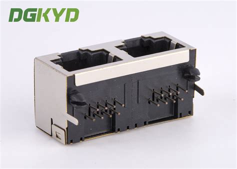 Shield Tab Up 2 Port Rj45 Pcb Connector Without Transformer For