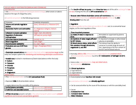 Cc2 Lec Week 2 Sodium And Potassium Electrolyte Functions Studocu