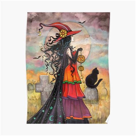 Witch Way Halloween Witch And Black Cat Fantasy Art Poster By
