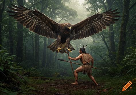A Colossal Haasts Eagle With Extended Wings Swoops Towards A Defiant