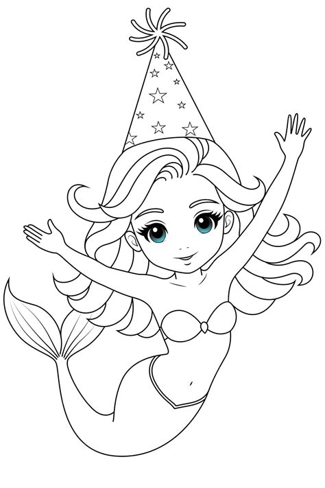 Illustration Dessinée à La Main De La Princesse Sirène Kawaii Avec Un Chapeau De Fête Page De