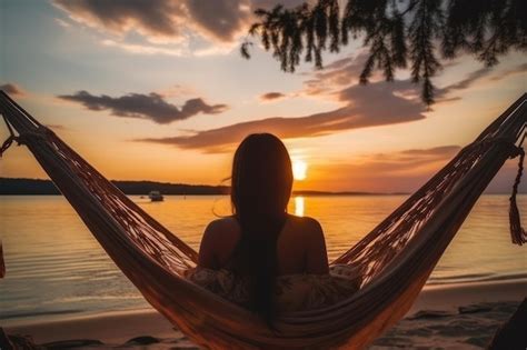 Premium Photo Back Shot Of A Asian Woman Chill In Hammock On Summer