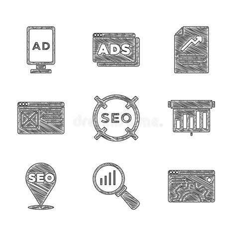 Set Seo Optimization Magnifying Glass And Analysis Browser Setting Board With Graph Chart