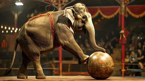 An Elephant Balances On A Large Ball In A Circus Ring Premium Ai
