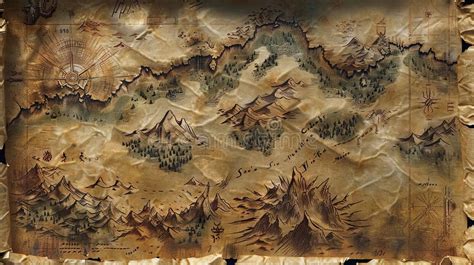Ancient Parchment Map Depicting A Mysterious Landscape Stock