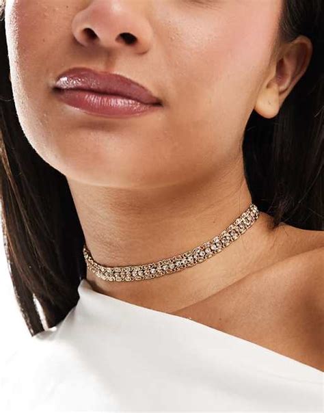 Asos Design Choker Necklace With Crystal Design In Gold Tone Asos