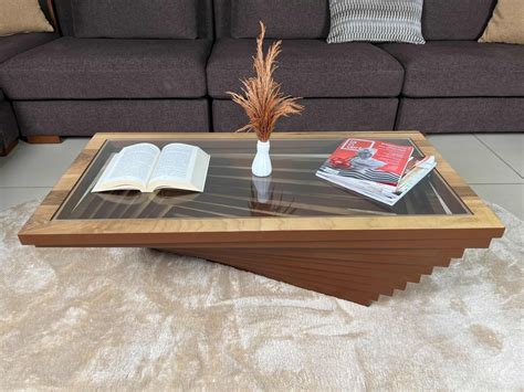 Rectangular Walnut Coffee Table With Tempered Glass Top Etsy