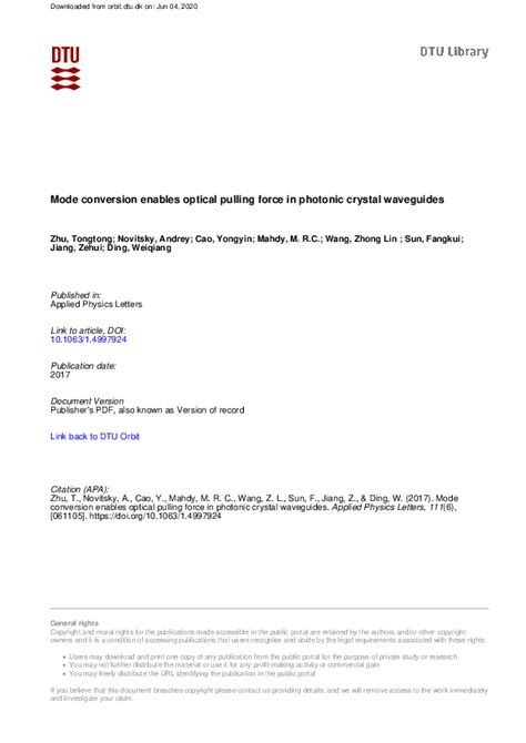 Pdf Mode Conversion Enables Optical Pulling Force In Photonic Crystal Waveguides