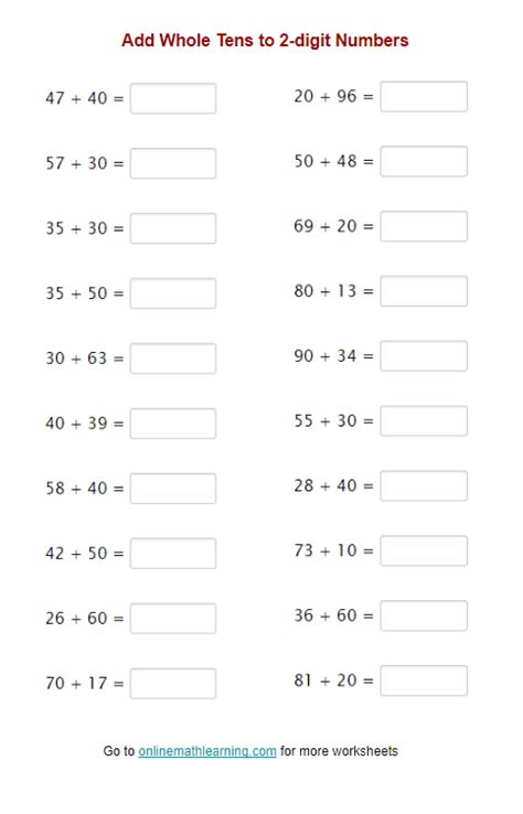 Add Tens To 2 Digit Numbers Worksheets First Grade Second Grade