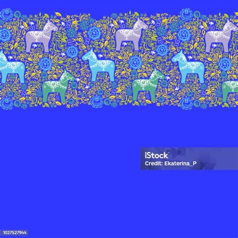 카드 배너 템플릿 Dalecarlian 달라 말 전통적인 조각 나무 말 조상 스웨덴 지방 달라 르 나에서 그린 파란색 배경에 흰색 그린 라일락 블루 꽃 잎 벡터 0명에 대한