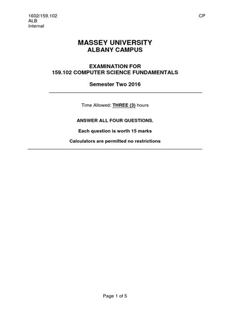 159102 Computer Science Fundamentals Massey Exam S2 2016 Pdf