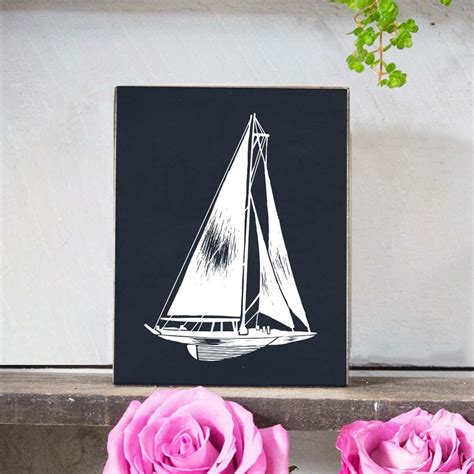 Sailboat Wooden Block Nautical Shelf Sitter Sign With Sketched Boat