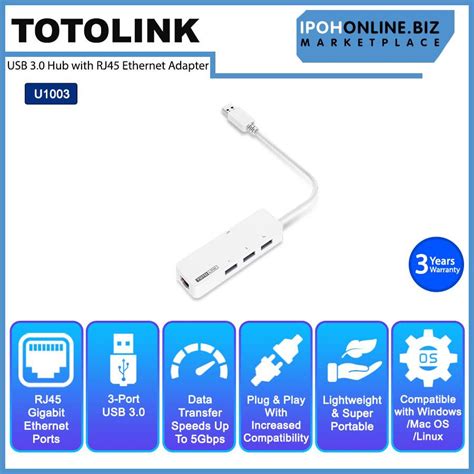 Totolink U1003 3 Port Usb 3 0 Hub With Rj45 Gigabit Ethernet Adapter