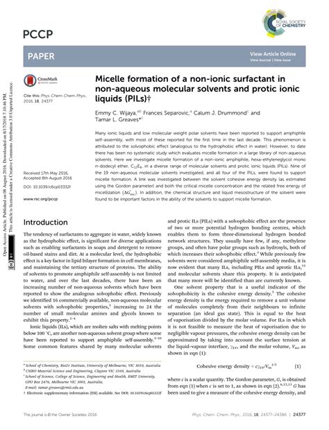 Pdf Micelle Formation Of A Non Ionic Surfactant In Non Aqueous