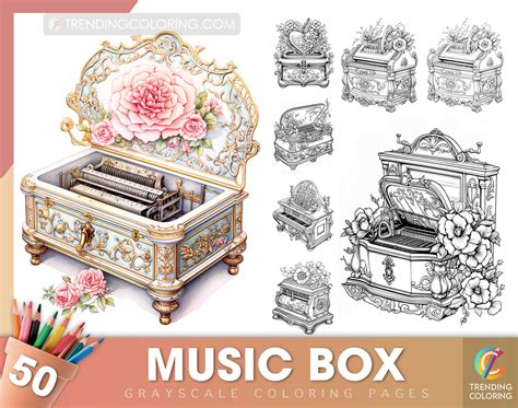 50 Music Box Grayscale Coloring Pages Instant Download Printable P