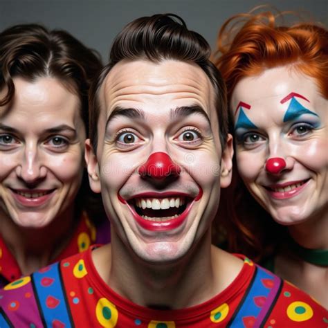 Three Clown Masks Showing Different Expressions Three Grimacing One Smiling Stock Illustration