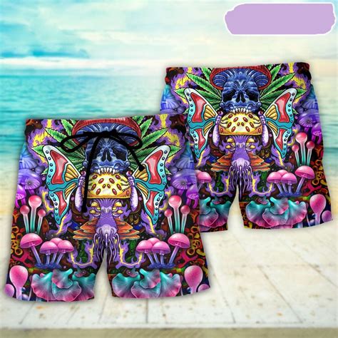 Hippie Mushroom And Skull Art Beach Short T For Holiday Summer