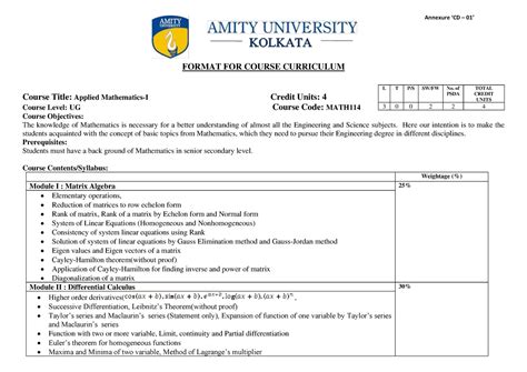 Applied Mathematics Questions Annexure ‘cd 01 Format For Course